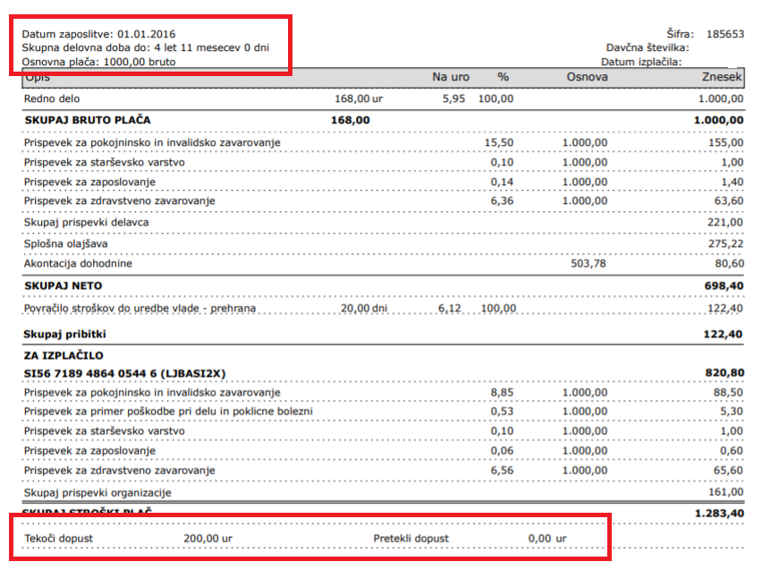 Plačilna lista – prikaz datuma zaposlitve, skupne delovne dobe in ...