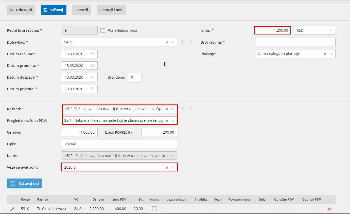 Konačni primljen račun sa uračunatim avansom | Minimax RS