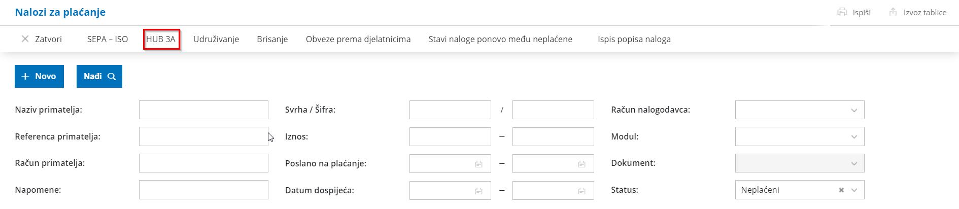 Ispis naloga za plaćanje na HUB 3A obrazac | Minimax HR