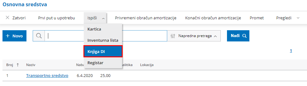 Ispisi osnovnih sredstava (kartice, inventurna lista, knjiga DI ...