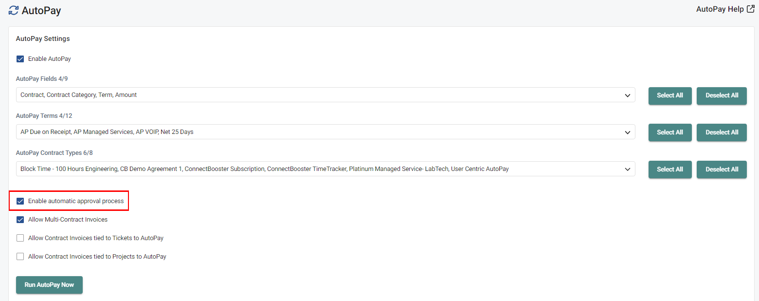 AutoPay: Automatic Approval Process Settings | ConnectBooster Support